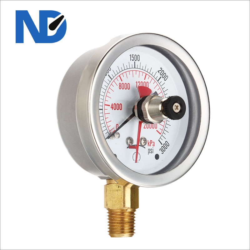 Liquid filled pressure gauge with red pointer